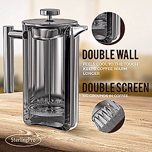 SterlingPro French Press Coffee Maker(1.75L)-Double Walled Large Coffee Press with 2 Free Filters-Enjoy Granule-Free Coffee Guaranteed, Stylish Rust Free Kitchen Accessory-Stainless Steel French Press