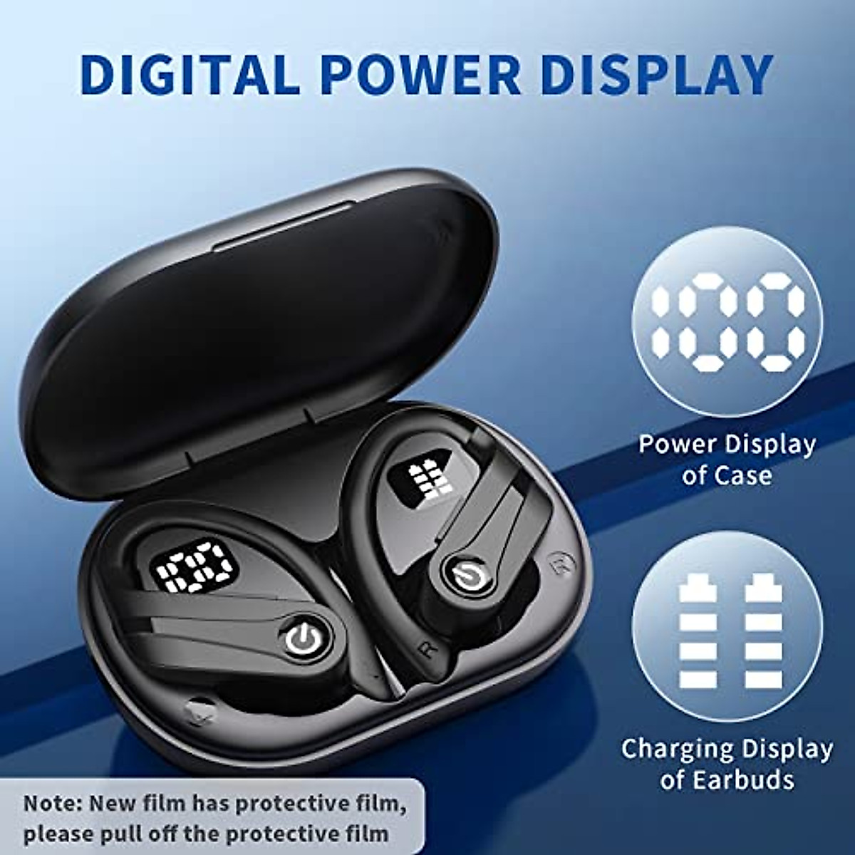 Wireless Earbuds Bluetooth Ear Buds with Mic, 72H Wireless Headphones Bluetooth 5.3 Sport Earbuds Digital LED Display, IPX7 Waterproof Over Ear Earphones with Hooks for Sports Running Workout Gym