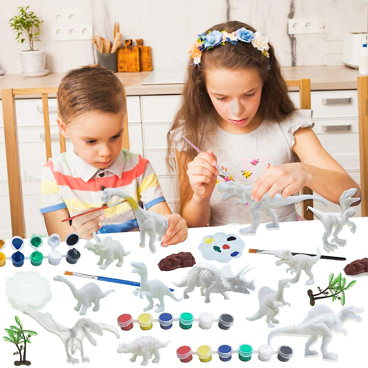 Painting Dinosaurs for Kids Paintable 3D Dinosaur Toys Kit Decorate Your Own Dinosaur Figurine DIY Arts Crafts Set for Boys and Girls Age 4 and Up, 64pcs Totally