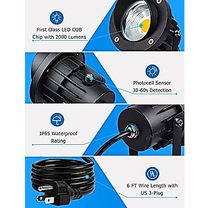 SUNVIE 20W Outdoor LED Spotlight with Photocell Sensor 120V Waterproof Dusk to Dawn Landscape Lighting 3000K Warm White Spot Lights Outdoor for Yard Flag Tree Garden Decor 6 FT Cord with US 3-Plug in