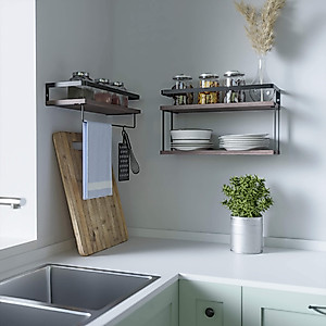 RICHER HOUSE 2+1 Tier Wall Mounted Floating Shelves Set of 2, Rustic Wood Wall Shelf with Metal Frame, Extra Storage Rack for Bathroom, Kitchen, Bedroom with Tissue Rack & Towel Bar - Rustic Brown