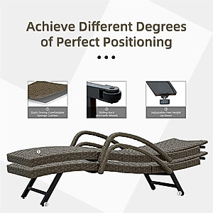 FATFISH Outdoor PE Wicker Chaise Lounge with Armrest- Set of 2 Patio Reclining Chair Furniture Set Beach Pool Adjustable Backrest Recliners Padded