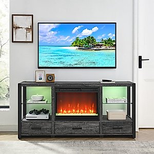 Fireplace TV Stand for TVs up to 70" TV,Farmhouse Entertainment Center with Sync Colorful LED Lights,Large Media Console Storage Cabinet Television Stands Credenza for Living Room, Bedroom,Dark Oak