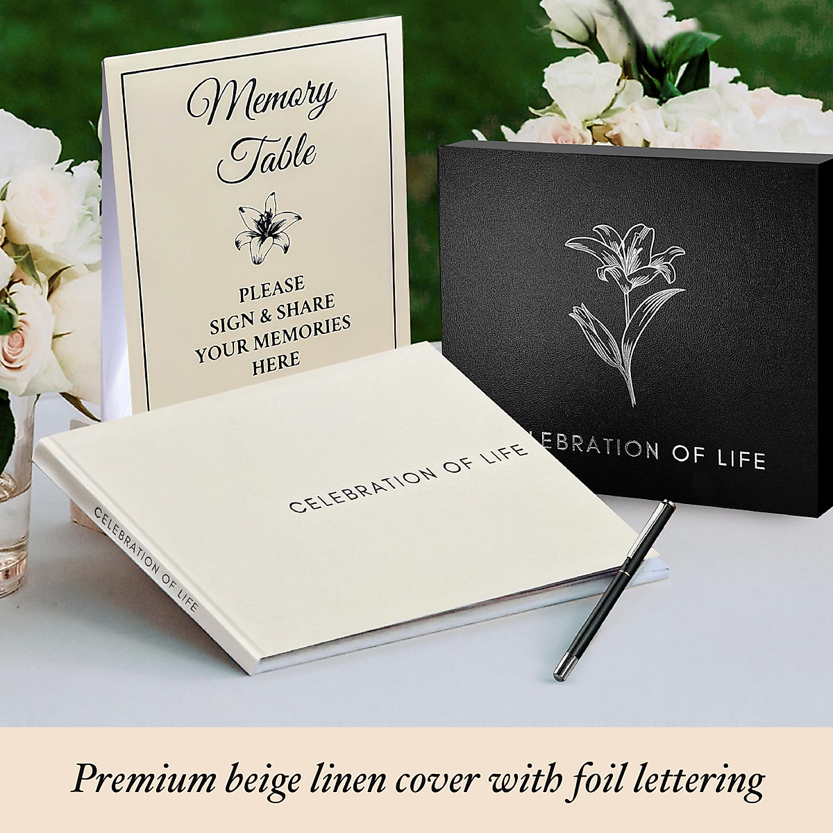 VEX ECOM LTD. Timeless Linen Funeral Guest Book Set - Premium Hardcover Funeral Book, Celebration of Life Guest Book, Memorial guest book, funeral sign in book, Guest Book for Funeral- Pen, Table Sign