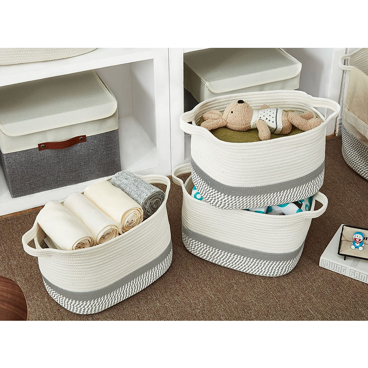 DECOMOMO Woven Baskets for Storage | Large Decorative Cotton Rope Basket for Organizing Baby Toy Book Nursery Kids Laundry Organizer 15" x 11" x 10" (Grey, Large – Set of 3)