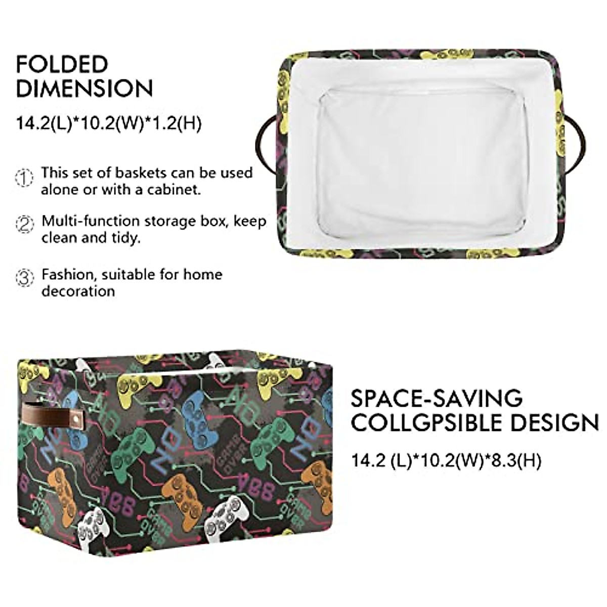 Joysticks Gamepad Grunge Fabric Storage Bin for Organizing Basket for Shelves Closet Nursery Toy Collapsible Storage Cubes Box with Leather Handle