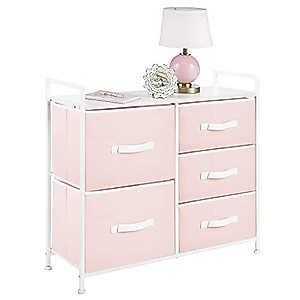mDesign 30.03" High Steel Frame/Wood Top Storage Dresser Furniture Unit with 5 Removable Fabric Drawers - Tall Bureau Organizer for Bedroom, Living Room, Closet - Jane Collection - Pink/White