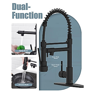 Casavilla Kitchen Faucet with Soap Dispenser, Single Handle Spring Kitchen Sink Faucets with Pull Down Sprayer and Deck Plate,Black Faucet for Camper Farmhouse RV Kitchen Sink,Dual Function Spray Head