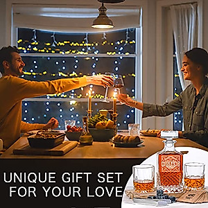 PONPUR Gifts for Men Him Husband from Wife, Whiskey Decanter Set with 2 Whisky Glasses, Unique Anniversary Birthday Gift for Husband, Cool Christmas Presents for Scotch Bourbon Lovers