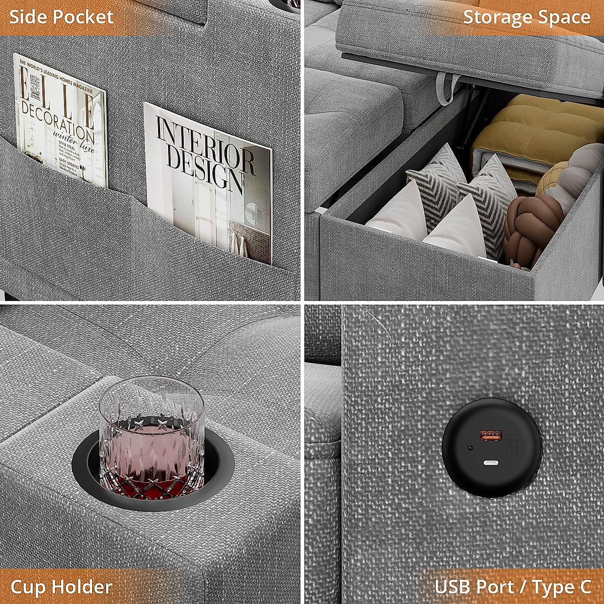 Sofa Bed- 2 in 1 Pull Out Couch Bed with Storage Space and Arms,Sleeper Sofa with Pull Out Bed,L-Shaped Sofa Couch Bed,1 USB-A, 1 Type-C,Pull Out Couch for Living Room ,Linen Sectional Sofa,Grey