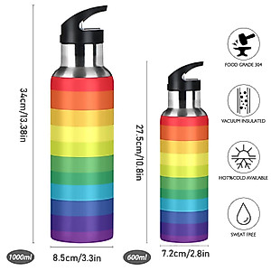Kigai Rainbow Striped Insulated Water Bottle 22oz Stainless Steel Vacuum Cup with Straw Lid Leakproof Thermal Bottles for Sport Keep Cold/Warm