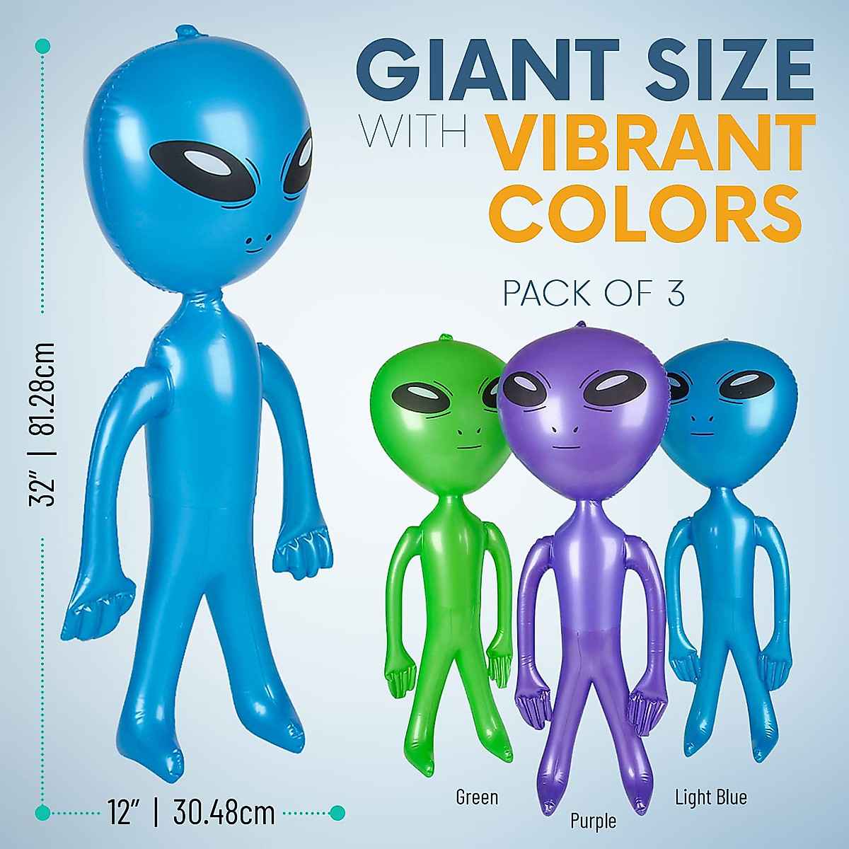 Vlish 3 Inflatable Alien - Pack of 3 Jumbo - Green, Purple and Blue Inflate Martian Aliens Toy for All Ages, Great for Halloween Party Decorations and Birthday, Area 51-32" x 12"
