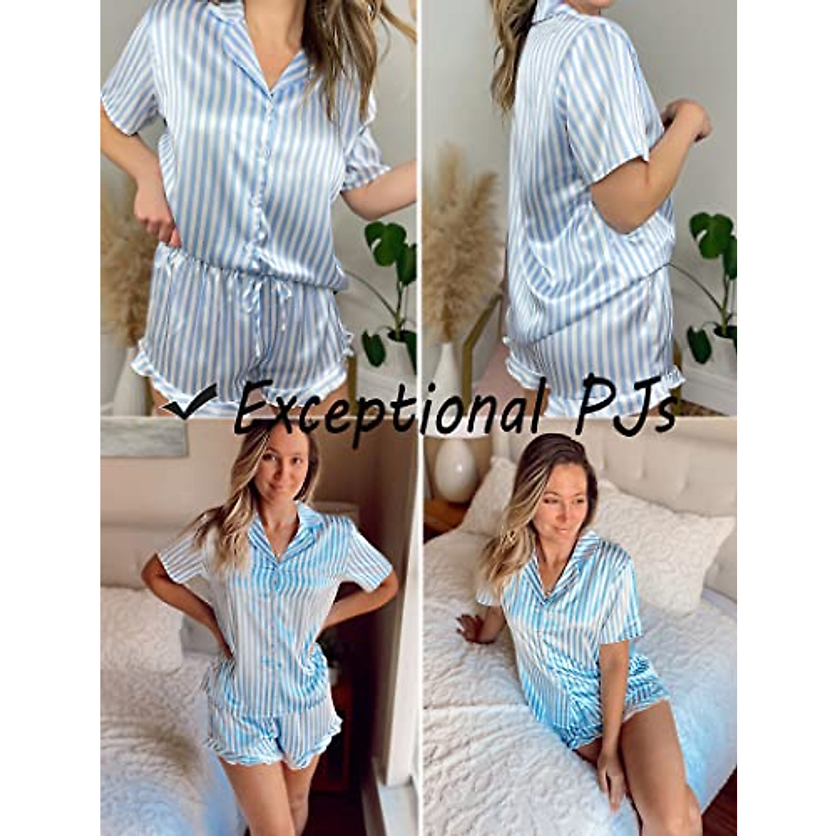 HOTOUCH Womens Satin Pajama Set With Short Sleeve Button-Down Comfy Pjs Loungewear, Blue Stripe, X-Large