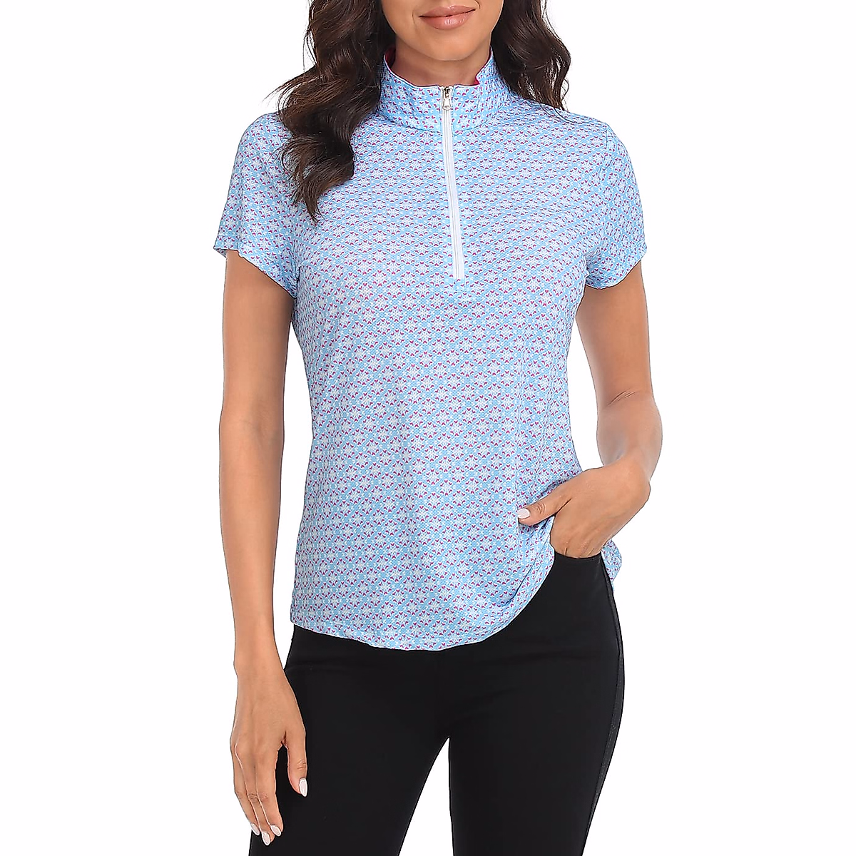 LRD Women's Golf Polo Shirts Short Sleeve Tennis Shirt UPF 30 Quarter Zip Up Mini Abstract/Pink - XS