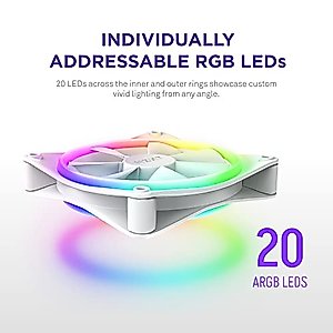 NZXT F140 RGB Duo - 140mm Dual-Sided RGB Fan – 20 Individually Addressable LEDs – Balanced Airflow and Static Pressure – Fluid Dynamic Bearing – PWM Control – Anti-Vibration Rubber Corners – White