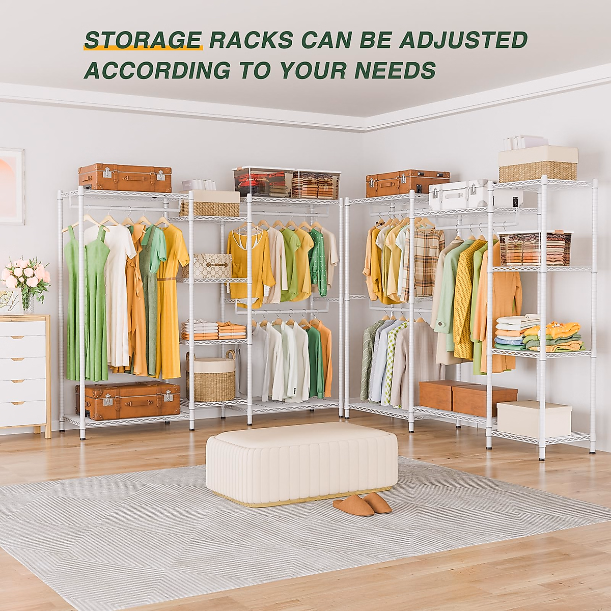 LEHOM G6 Wire Garment Rack Heavy Duty Clothes Rack Compact Large Size Armoire Storage Rack Freestanding Metal Clothing Rack Closet Wardrobe with 3 Hanger Rod and 4 Large Shelves 4 Small Shelves, White