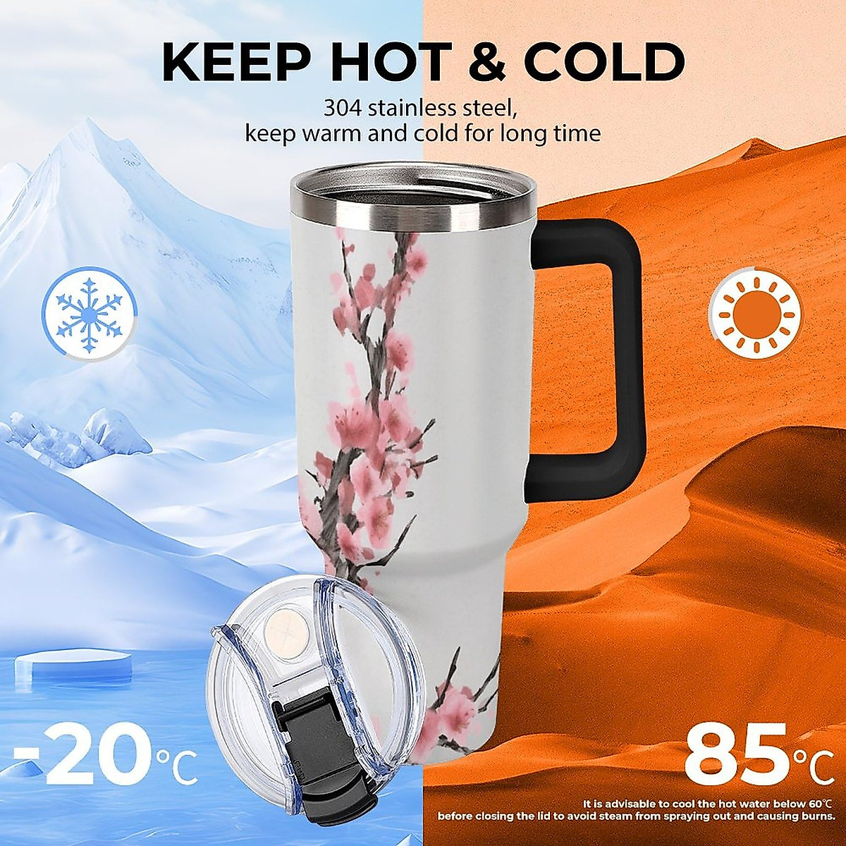 Cherry Blossom Tree Branch 40 Oz Tumbler with Handle And Straw Stainless Steel Vacuum Insulated Tumblers Reusable Keep Drinks Cold Coffee Cup Holder Friendly Gifts for Women Men Car Gym Travel