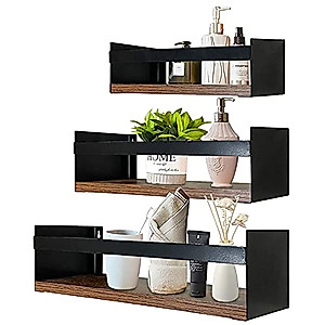Giftgarden Black Floating Shelves for Wall Set of 3, Industrial Thick Wall Shelf Rack with Iron Rail Bracket for Storage Bathroom Kitchen Bedroom Plant Nursery Books Laundry