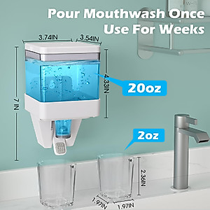 600ml/20oz Mouthwash Dispenser for Bathroom - RealPlus Wall-Mounted Mouthwash Container with 2 Reusable Acrylic Cups - Easy to Install, Adhesive or Screw Option