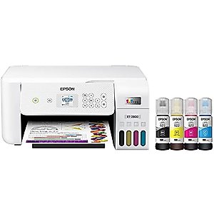 Epson EcoTank ET-2800 Wireless Color All-in-One Inkjet Printer, Print & Copy & Scan, 1200 x 2400 dpi, 1.44" Color LCD Display, Cartridge-Free, Photo Printing, White, with Lanbertent Printer Cable