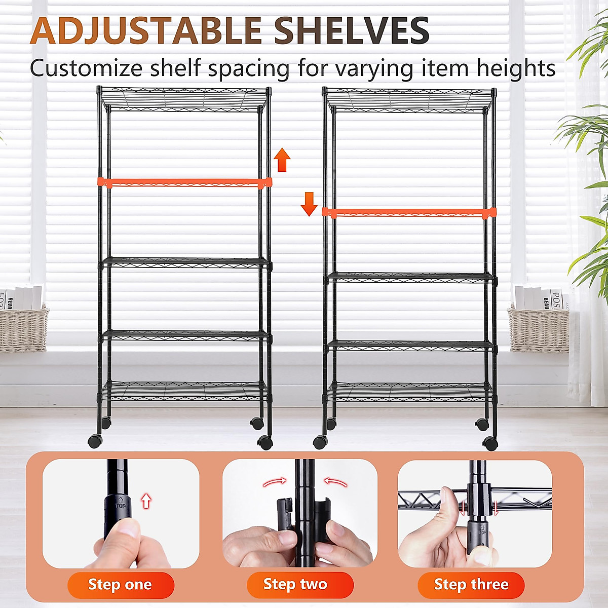 FDW Adjustable 5-Tier Metal Shelf with Wheels, 250 lbs Capacity, Easy Assembly, Ideal for Small Spaces