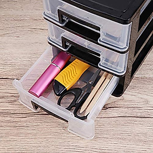 CLISPEED Three- layer Plastic Drawers Dresser Desktop Organizer Stackable Storage Closet Portable Storage Cabinet Multifunction Storage Rack for Office Bedroom Bathroom ( Black and Transparent )