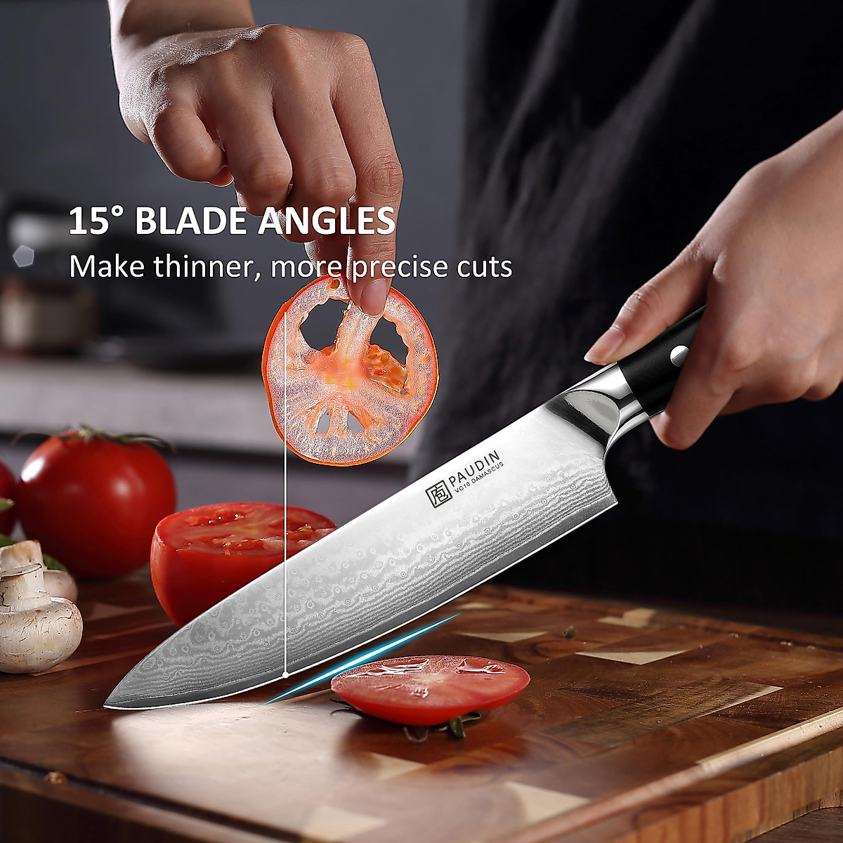 PAUDIN Damascus Knife Set 3 PCS, Kitchen Knife Set with Japanese VG10 Steel Core, Ultra Sharp Chef Knife Set with Full Tang G10 Handle, Damascus Kitchen Knives