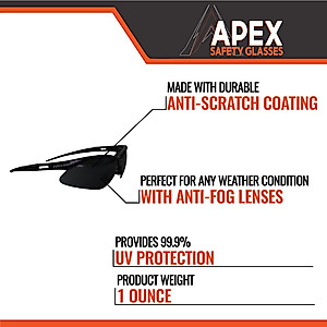 Malta Dynamics APEX Safety Glasses, ANSI/ISEA Z87.1, 12 Pair, Tinted