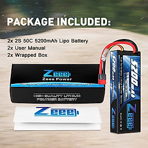 Zeee 2S Lipo Battery 5200mAh 7.4V 50C Deans T Plug with Housing Hard Case Battery for 1/8 1/10 RC Vehicles Car Slash RC Buggy Truggy RC Truck Racing Hobby(2 Pack)