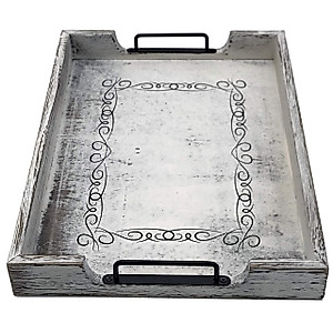 Booleaf Serving Tray, Authentic Paulownia Wood, Sturdy Black Metal Handles - Heart Swirl Design