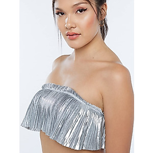 Savage X Fenty, Women's, Pleated Lamé Bandeau Bralette, Spaced Out Metallic Silver, XL