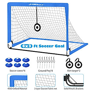 JOGENMAX Portable Kids Soccer Goal, Pop Up Goal Nets with Led Lights,Set of 2, with Agility Training Cones, Carry Case Gift for Kids Teen Boy & Adults Size 4‘X3’(Blue)