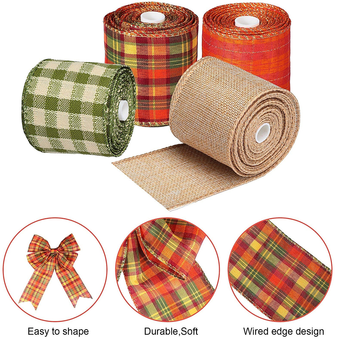 Syhood 4 Rolls Fall Ribbons Wired Thanksgiving Autumn Plaid Burlap Ribbons Wired Edge Ribbons for Wrapping DIY Crafts Floral Bows Wreath Making Supplies Gifts Decoration, 24 Yards in Total, 4 Styles