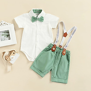 Newborn Baby Boy Gentleman Outfits Short Sleeve Shirts Romper Overalls Shorts Infant Summer Clothes Formal Suits 2Pcs (B1 Green , 6-12 Months )