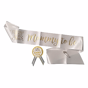Amy's Bubbling Boutique Twinkle Little Star Baby Shower Mommy Sash & Daddy to Be Pin White & Gold Gift Set