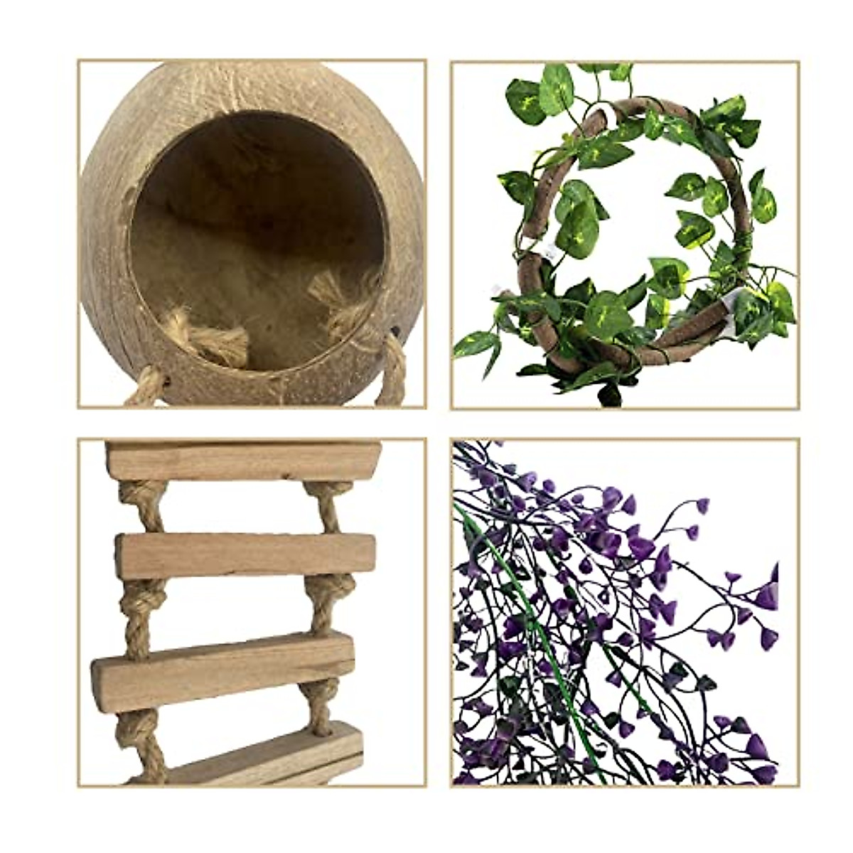 MUYG Lizard Coco Den with Ladder,Crested Gecko Coconut Husk Hut Reptile Shell Hideout Home Climbing Plants Tank Decor Terrarium Plastic Plant Leaves for Bearded Dragon Chameleon Snakes