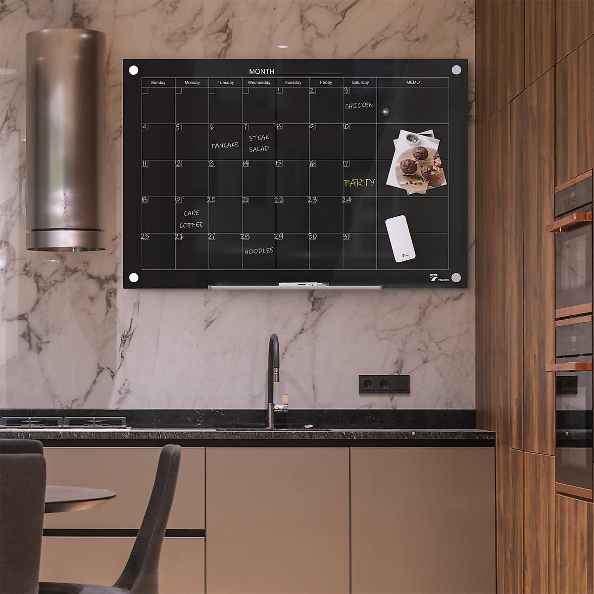 TOWON 47 x 35 Inch Glass Calendar Dry Erase Board for Wall, Magnetic Whiteboards Calendar, White Board Calendar Dry Erase for Wall, Monthly Planner Whiteboard Set, Black