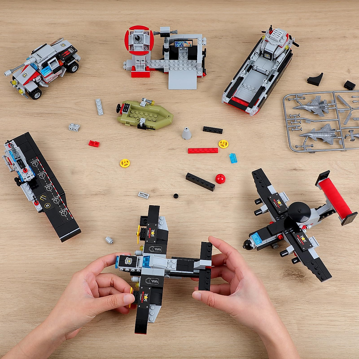 1161 Pieces Aircraft Carrier Building Blocks Set, 13 in 1 Military Battleship Model Building Toy Kit with Armored Tank, Fighter, Patrol Boat & Cannon Roleplay STEM Construction Toys Gift for Kids 6+