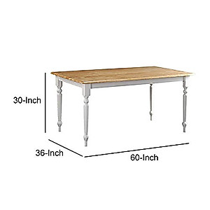 Benjara Grained Rectangular Wooden Dining Table with Turned Legs, Brown and White