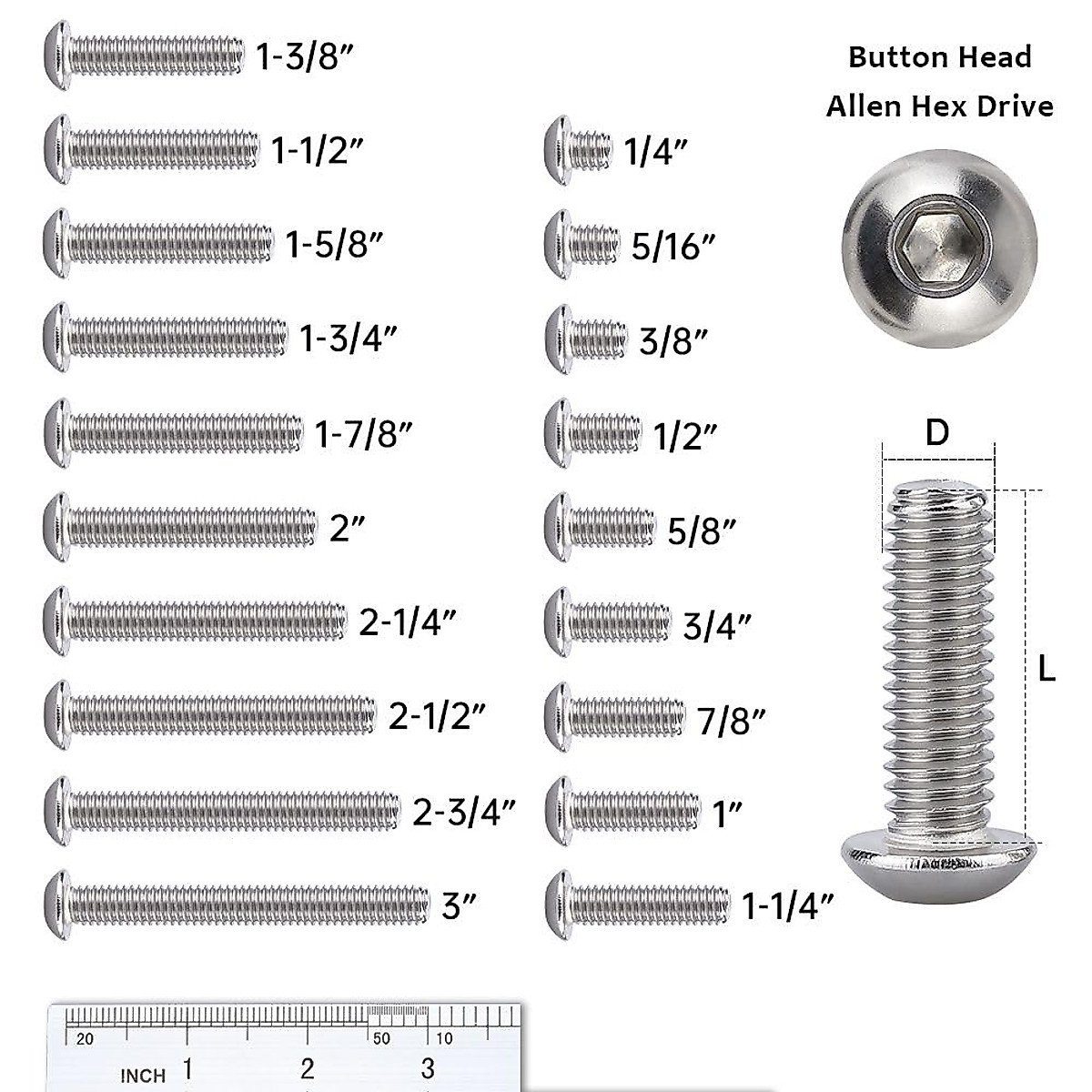RoyceMart 1/4-20 x 1-1/2" (50 Pack) Hex Socket Button Head Cap Screws Bolts, Allen Socket Drive, 304 Stainless Steel 18-8, Bright Finish, Full Machine UNC Threads