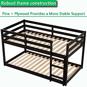 Anwick Twin Over Twin Low Bunk Bed with Stairs and Rails, Wooden Bunk Beds Frame with Safety Guardrail and Slats for Toddlers, Kids, Teens, Boys, Girls, Noise-Free (White) (Black)