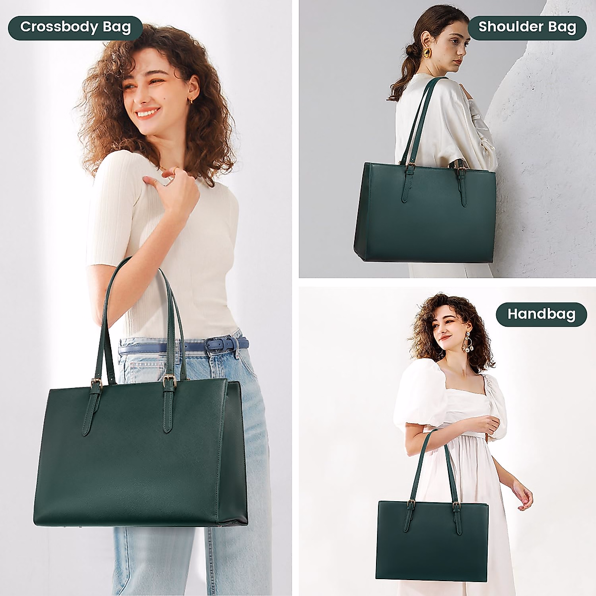 LOVEVOOK Laptop Bag for Women, Fashion Computer Tote Bag Large Capacity Handbag, Leather Shoulder Bag Purse Set, Professional Business Work Briefcase for Office Lady, 2PCs, 15.6-Inch, Deepgreen