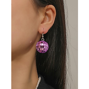 60s 70s Disco Ball Earrings for Women,Retro Neon Hippie Disco Ball Earrings Colorful Mirror Reflective Acrylic Dangle Drop Earrings 80s Halloween Costume Accessories (Pink)