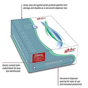 Globe Scientific 1760 Polystyrene UniPlast Serological Pipette, 10mL Capacity, Standard Tip, 297mm Length, Sterile, Orange Striped, Individually Wrapped (Case of 200)