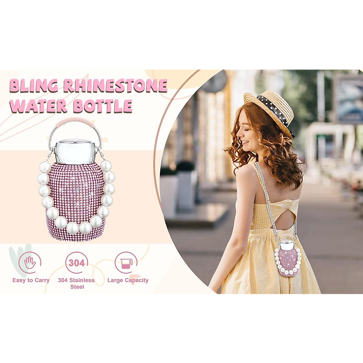 Diamond Water Bottle Bling Diamond Vacuum Flask Sparkling Glitter 7.78 OZ Bottles with Pearl Bracelet for Women Refillable Insulated Bottle Stainless (Pink)