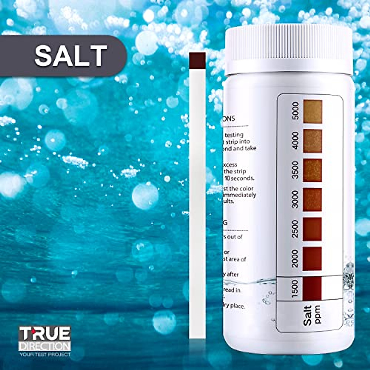 TRUEDIRECTION Salt Water Test Strips for Testing Sodium Chloride Content in Pool and Spa, Saltwater Chlorine Testing kit of 1500-5000 ppm