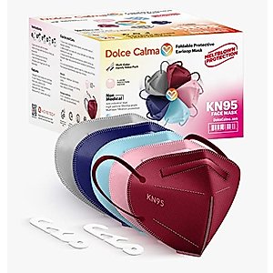 Dolce Calma KN95 Face Mask, 25 Pack, 5 Layer, Multicolor, Gray, Royal Blue, Light Blue, Pink, Maroon, Individually Wrapped Filter Efficiency≥95%