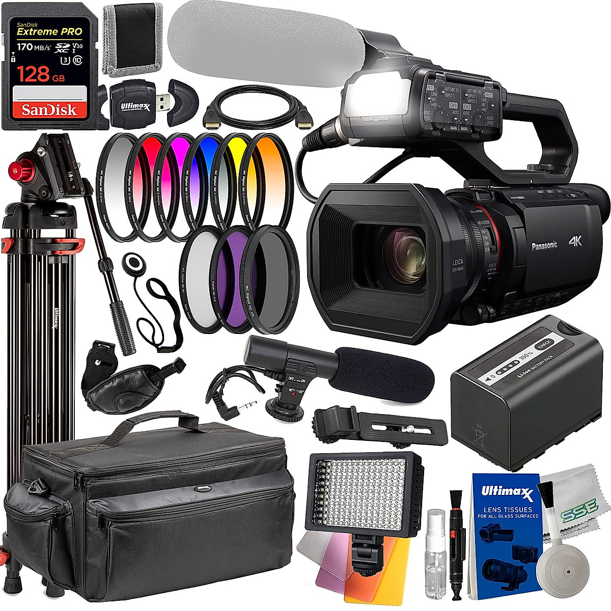 Panasonic Intl. HC-X2000 UHD 4K 3G-SDI/HDMI Pro Camcorder + 128GB Memory Card, Condenser Microphone, Deluxe 72” Video Tripod, Spare Battery, Water Resistant Gadget Bag & Much More (22pc Bundle)