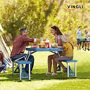 VINGLI 4 Ft Camping Picnic Table Set with 4 Seats with Umbrella Hole Folding Lightweight Suitcase Card Table-220 Lbs Support Aluminum Frame, Plastic RV Tabletop for Barbecue,Travel,Outing,Gathering