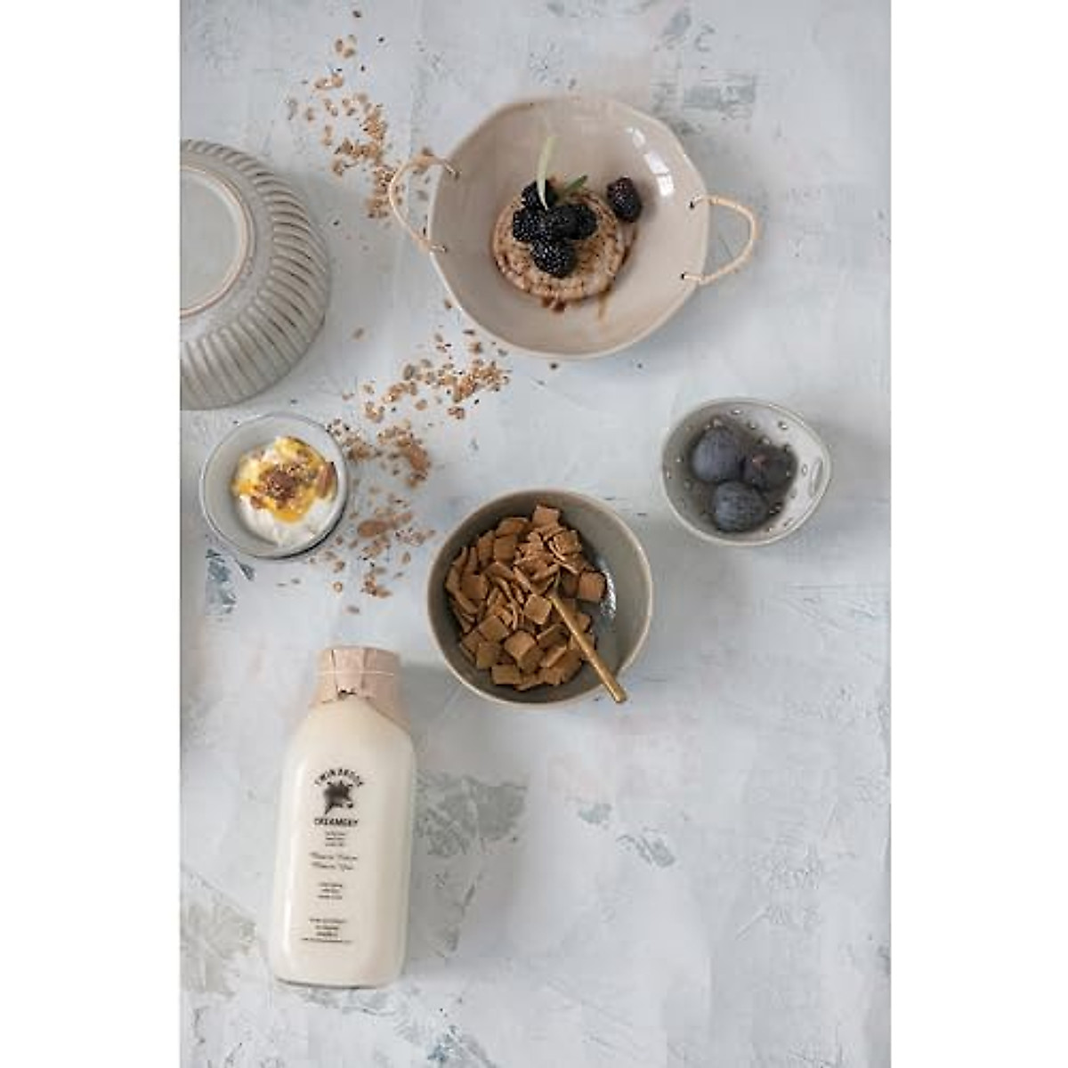 Creative Co-Op Stoneware Bowl with Rattan Wrapped Handles, Reactive Crackle Glaze,Cream